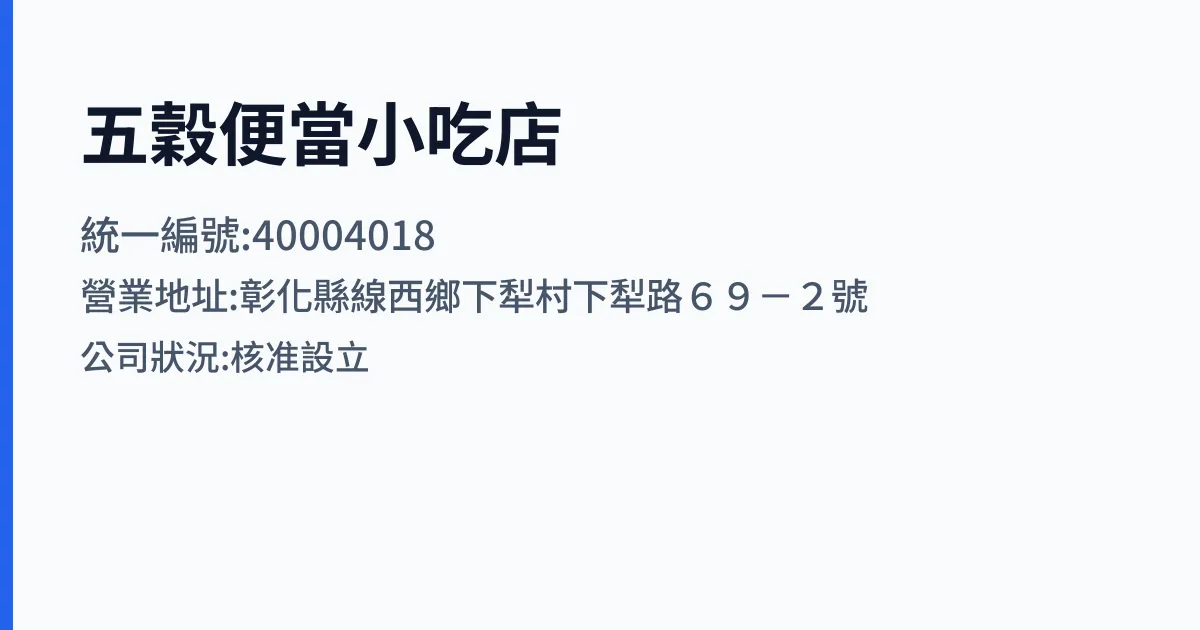 五穀便當小吃店 - 統編 40004018(彰化縣) 公司登記資料與營業項目詳細圖表