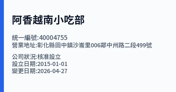 阿香越南小吃部的照片-統編 40004755(彰化縣) 公司登記資料與營業項目詳細圖表