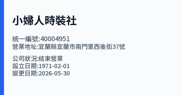 小婦人時裝社的照片-統編 40004951(宜蘭縣) 公司登記資料與營業項目詳細圖表