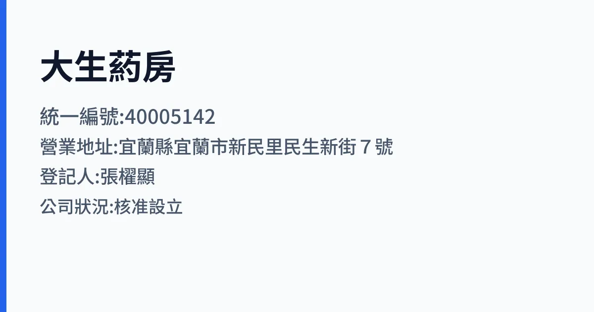 大生葯房 - 統編 40005142(宜蘭縣) 公司登記資料與營業項目詳細圖表