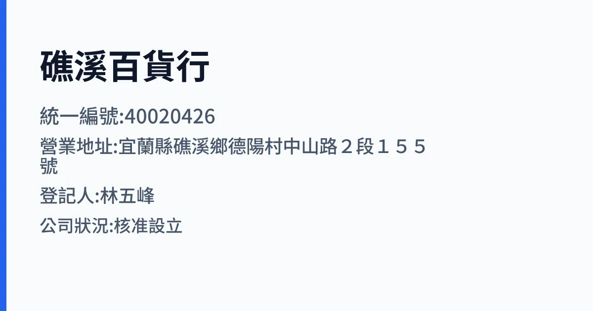 礁溪百貨行 - 統編 40020426(宜蘭縣) 公司登記資料與營業項目詳細圖表