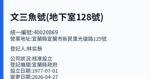 文三魚號(地下室128號)的照片-統編 40020869(宜蘭縣) 公司登記資料與營業項目詳細圖表