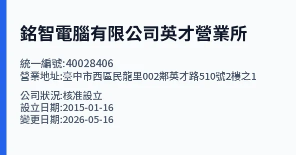 銘智電腦有限公司英才營業所的照片-統編 40028406(臺中市) 公司登記資料與營業項目詳細圖表