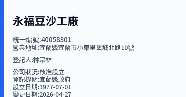 永福豆沙工廠的照片-統編 40058301(宜蘭縣) 公司登記資料與營業項目詳細圖表