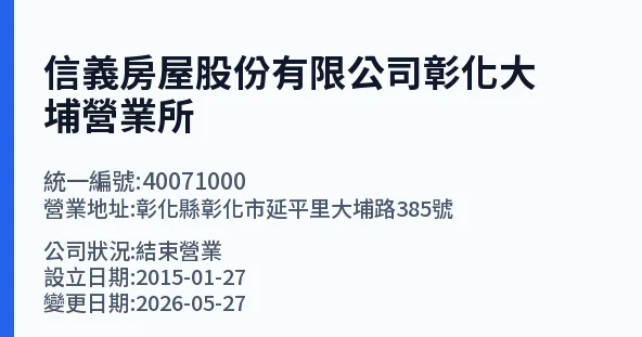 信義房屋股份有限公司彰化大埔營業所的照片-統編 40071000(彰化縣) 公司登記資料與營業項目詳細圖表