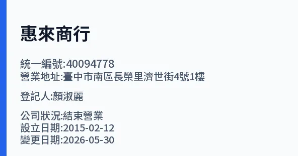 惠來商行的照片-統編 40094778(臺中市) 公司登記資料與營業項目詳細圖表