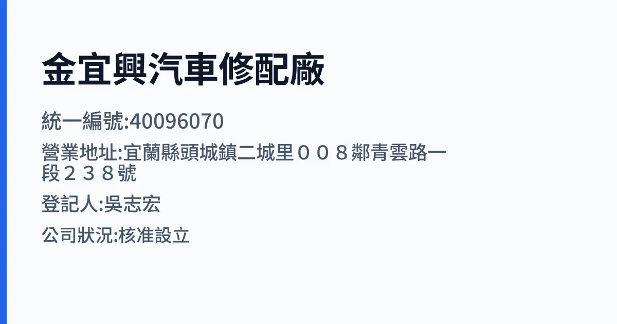 金宜興汽車修配廠 - 統編 40096070(宜蘭縣) 公司登記資料與營業項目詳細圖表