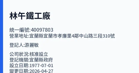 林午鐵工廠的照片-統編 40097803(宜蘭縣) 公司登記資料與營業項目詳細圖表