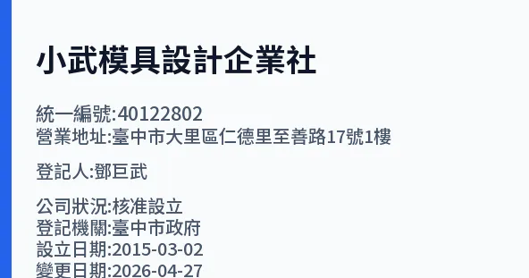 小武模具設計企業社的照片-統編 40122802(臺中市) 公司登記資料與營業項目詳細圖表