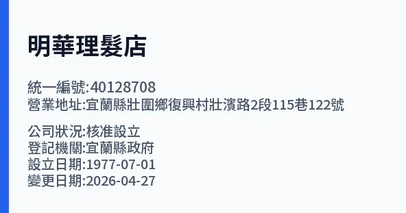 明華理髮店的照片-統編 40128708(宜蘭縣) 公司登記資料與營業項目詳細圖表