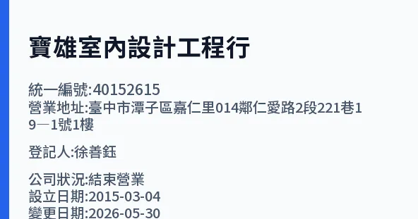 寶雄室內設計工程行的照片-統編 40152615(臺中市) 公司登記資料與營業項目詳細圖表