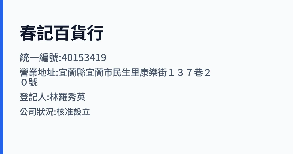 春記百貨行 - 統編 40153419(宜蘭縣) 公司登記資料與營業項目詳細圖表