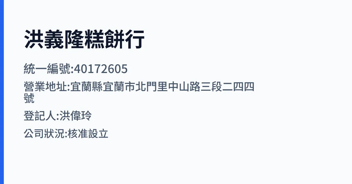 洪義隆糕餅行 - 統編 40172605(宜蘭縣) 公司登記資料與營業項目詳細圖表