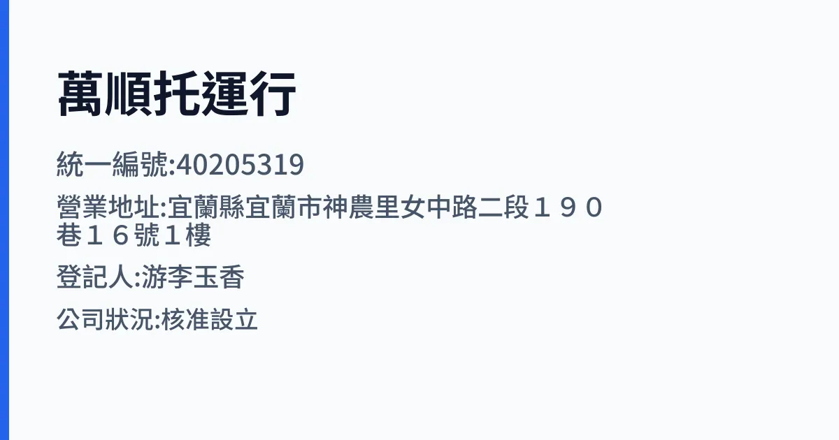 萬順托運行 - 統編 40205319(宜蘭縣) 公司登記資料與營業項目詳細圖表