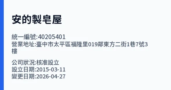 安的製皂屋的照片-統編 40205401(臺中市) 公司登記資料與營業項目詳細圖表
