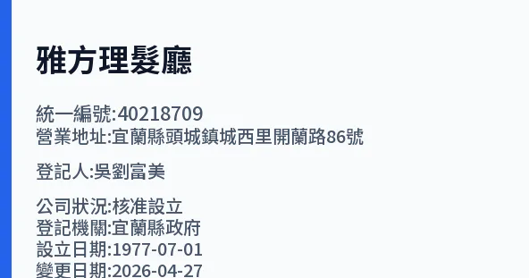 雅方理髮廳的照片-統編 40218709(宜蘭縣) 公司登記資料與營業項目詳細圖表
