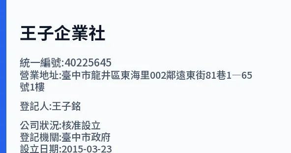 王子企業社的照片-統編 40225645(臺中市) 公司登記資料與營業項目詳細圖表