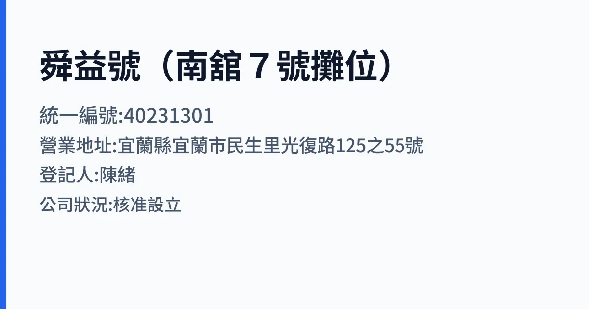 舜益號（南舘７號攤位） - 統編 40231301(宜蘭縣) 公司登記資料與營業項目詳細圖表