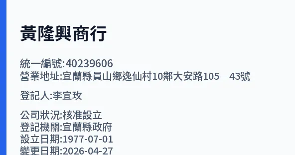 黃隆興商行的照片-統編 40239606(宜蘭縣) 公司登記資料與營業項目詳細圖表