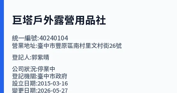 巨塔戶外露營用品社的照片-統編 40240104(臺中市) 公司登記資料與營業項目詳細圖表