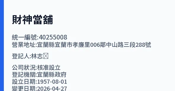 財神當舖的照片-統編 40255008(宜蘭縣) 公司登記資料與營業項目詳細圖表
