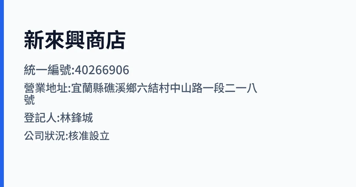 新來興商店 - 統編 40266906(宜蘭縣) 公司登記資料與營業項目詳細圖表