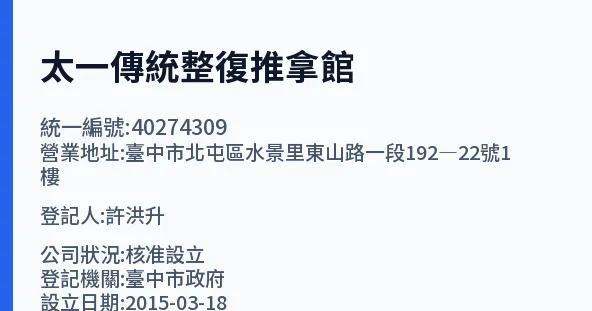 太一傳統整復推拿館的照片-統編 40274309(臺中市) 公司登記資料與營業項目詳細圖表
