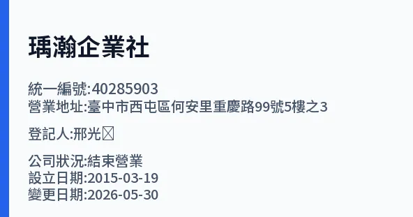 瑀瀚企業社的照片-統編 40285903(臺中市) 公司登記資料與營業項目詳細圖表