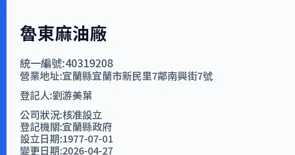 魯東麻油廠的照片-統編 40319208(宜蘭縣) 公司登記資料與營業項目詳細圖表