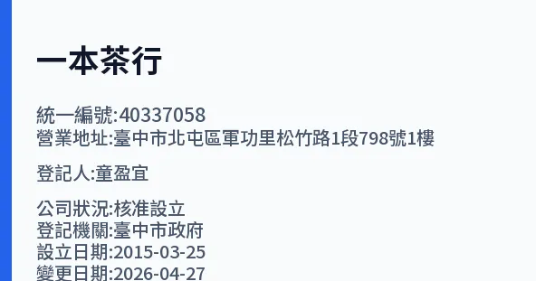 一本茶行的照片-統編 40337058(臺中市) 公司登記資料與營業項目詳細圖表