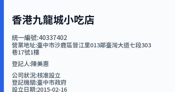 香港九龍城小吃店的照片-統編 40337402(臺中市) 公司登記資料與營業項目詳細圖表