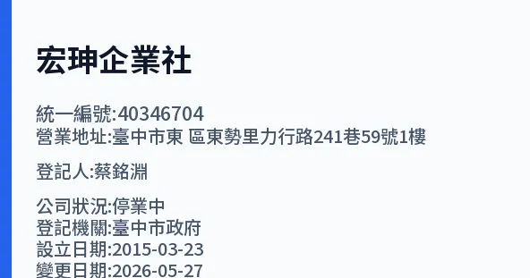 宏珅企業社的照片-統編 40346704(臺中市) 公司登記資料與營業項目詳細圖表