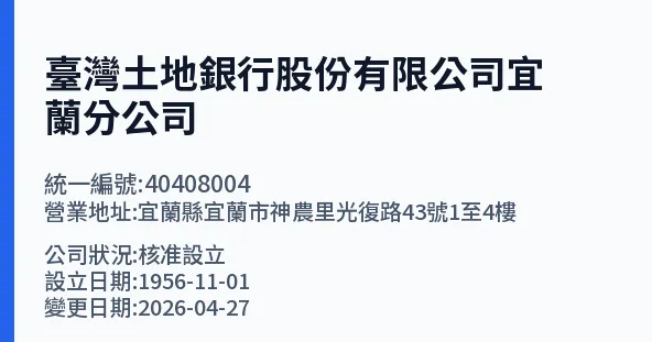 臺灣土地銀行股份有限公司宜蘭分公司的照片-統編 40408004(宜蘭縣) 公司登記資料與營業項目詳細圖表