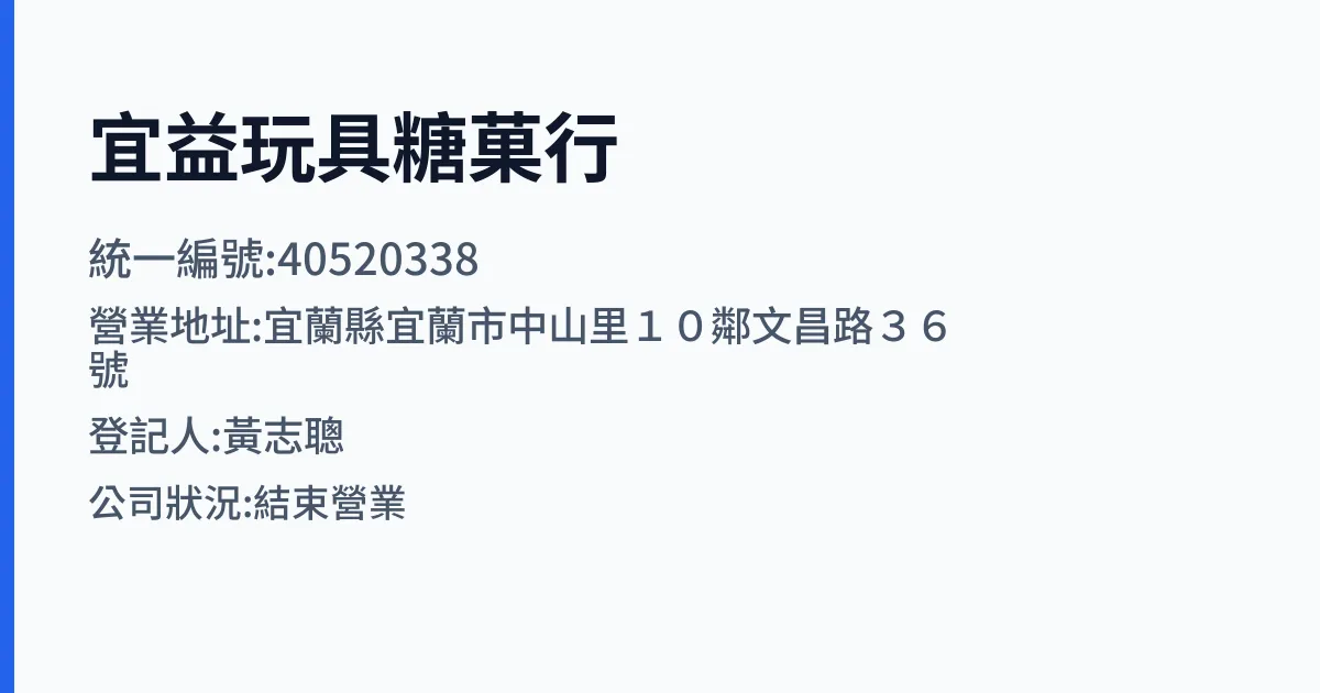 宜益玩具糖菓行 - 統編 40520338(宜蘭縣) 公司登記資料與營業項目詳細圖表