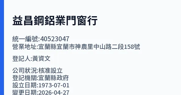 益昌鋼鋁業門窗行的照片-統編 40523047(宜蘭縣) 公司登記資料與營業項目詳細圖表