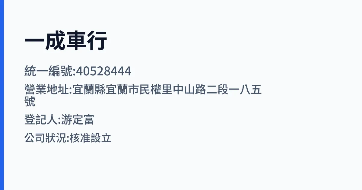 一成車行 - 統編 40528444(宜蘭縣) 公司登記資料與營業項目詳細圖表
