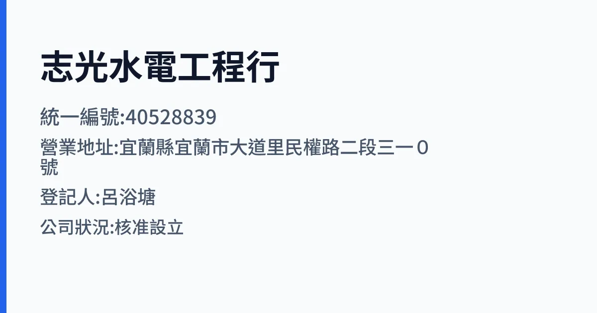 志光水電工程行 - 統編 40528839(宜蘭縣) 公司登記資料與營業項目詳細圖表