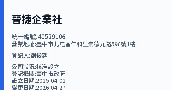 晉捷企業社的照片-統編 40529106(臺中市) 公司登記資料與營業項目詳細圖表