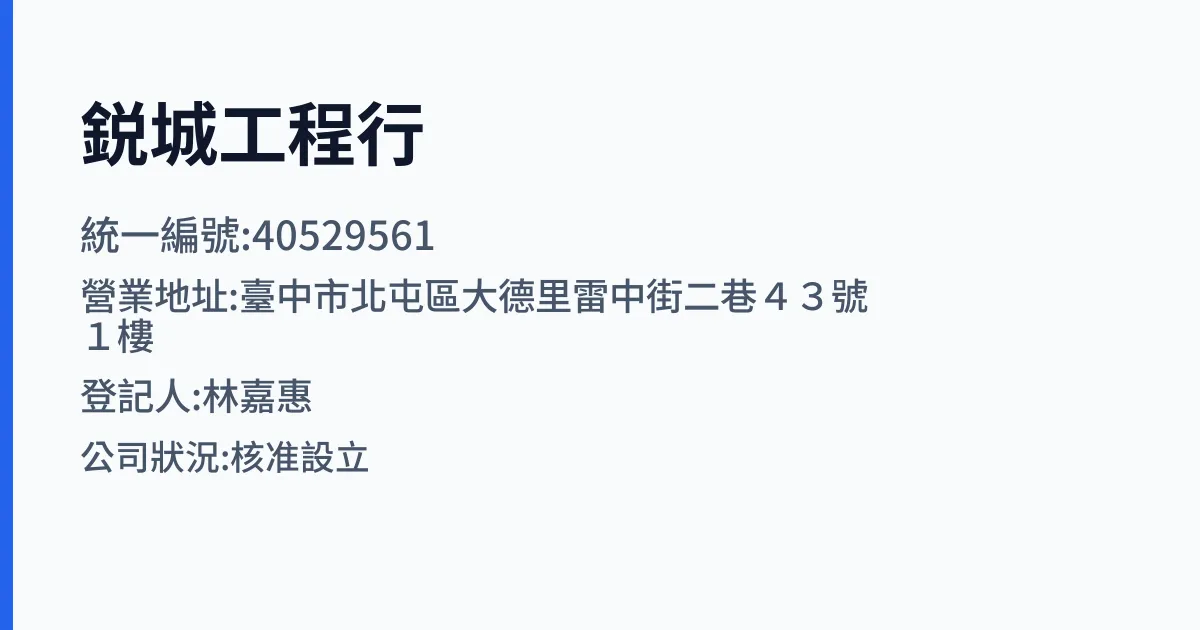 鋭城工程行 - 統編 40529561(臺中市) 公司登記資料與營業項目詳細圖表