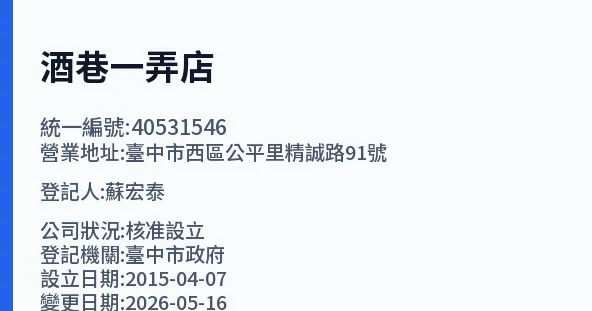 酒巷一弄店的照片-統編 40531546(臺中市) 公司登記資料與營業項目詳細圖表