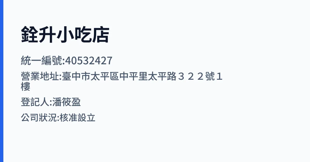 銓升小吃店 - 統編 40532427(臺中市) 公司登記資料與營業項目詳細圖表