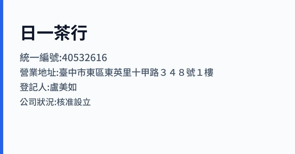 日一茶行 - 統編 40532616(臺中市) 公司登記資料與營業項目詳細圖表
