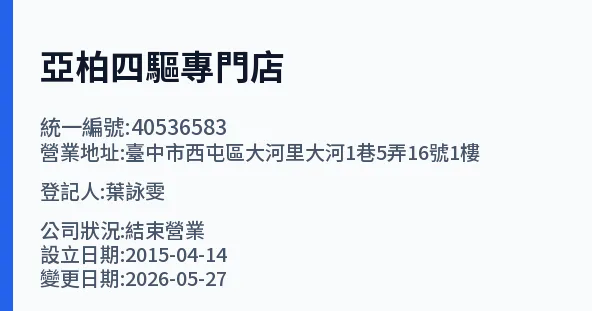 亞柏四驅專門店的照片-統編 40536583(臺中市) 公司登記資料與營業項目詳細圖表