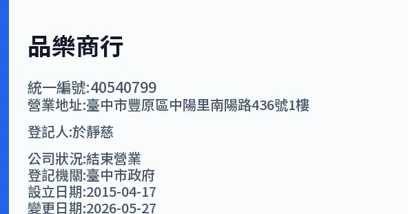 品樂商行的照片-統編 40540799(臺中市) 公司登記資料與營業項目詳細圖表