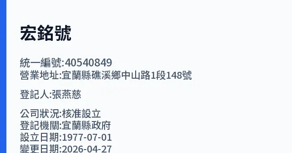 宏銘號的照片-統編 40540849(宜蘭縣) 公司登記資料與營業項目詳細圖表