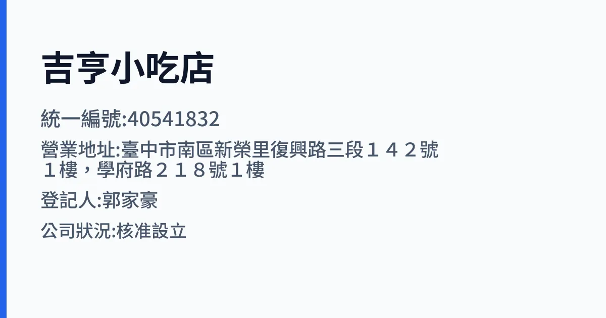 吉亨小吃店 - 統編 40541832(臺中市) 公司登記資料與營業項目詳細圖表