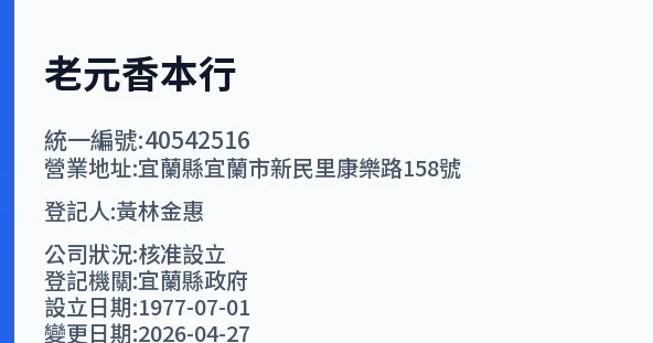 老元香本行的照片-統編 40542516(宜蘭縣) 公司登記資料與營業項目詳細圖表