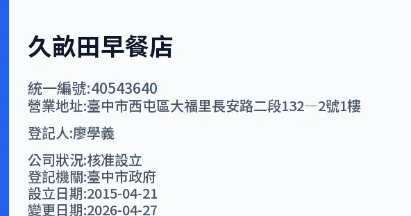 久畝田早餐店的照片-統編 40543640(臺中市) 公司登記資料與營業項目詳細圖表