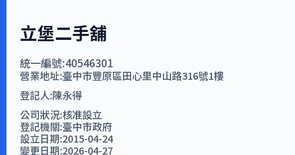 立堡二手舖的照片-統編 40546301(臺中市) 公司登記資料與營業項目詳細圖表