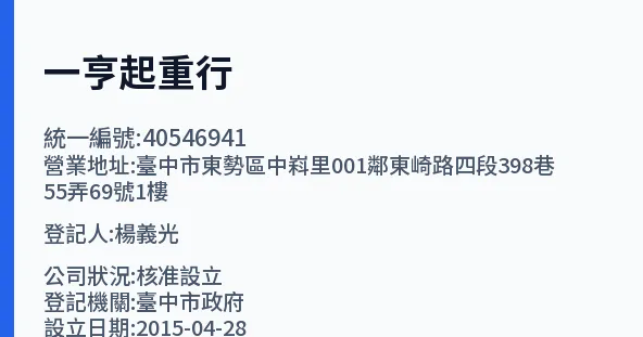 一亨起重行的照片-統編 40546941(臺中市) 公司登記資料與營業項目詳細圖表